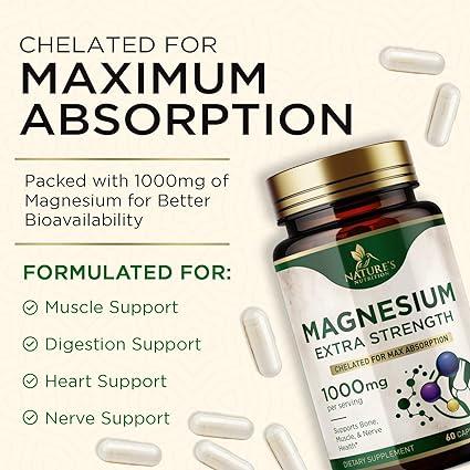 Magnesium Extra Strength 1000mg Chelated for Max Absorption Magnesium ...