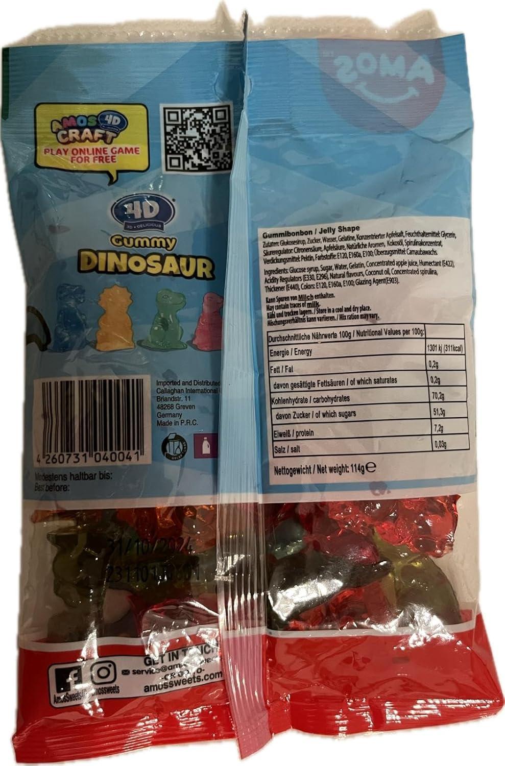 AMOS 4D Rubber Dinosaur Fruit Gum - 114g Bag of 3D Dino Sweets ...
