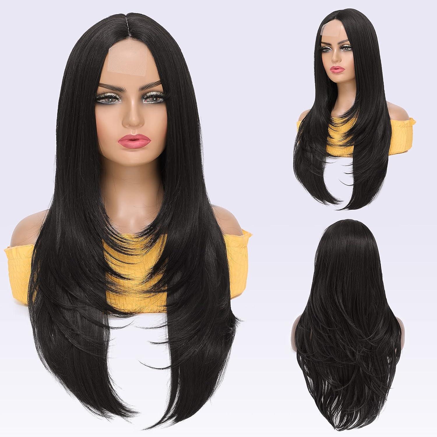 26 Inch Long Black Layered Synthetic Wig for Women - Middle Part ...