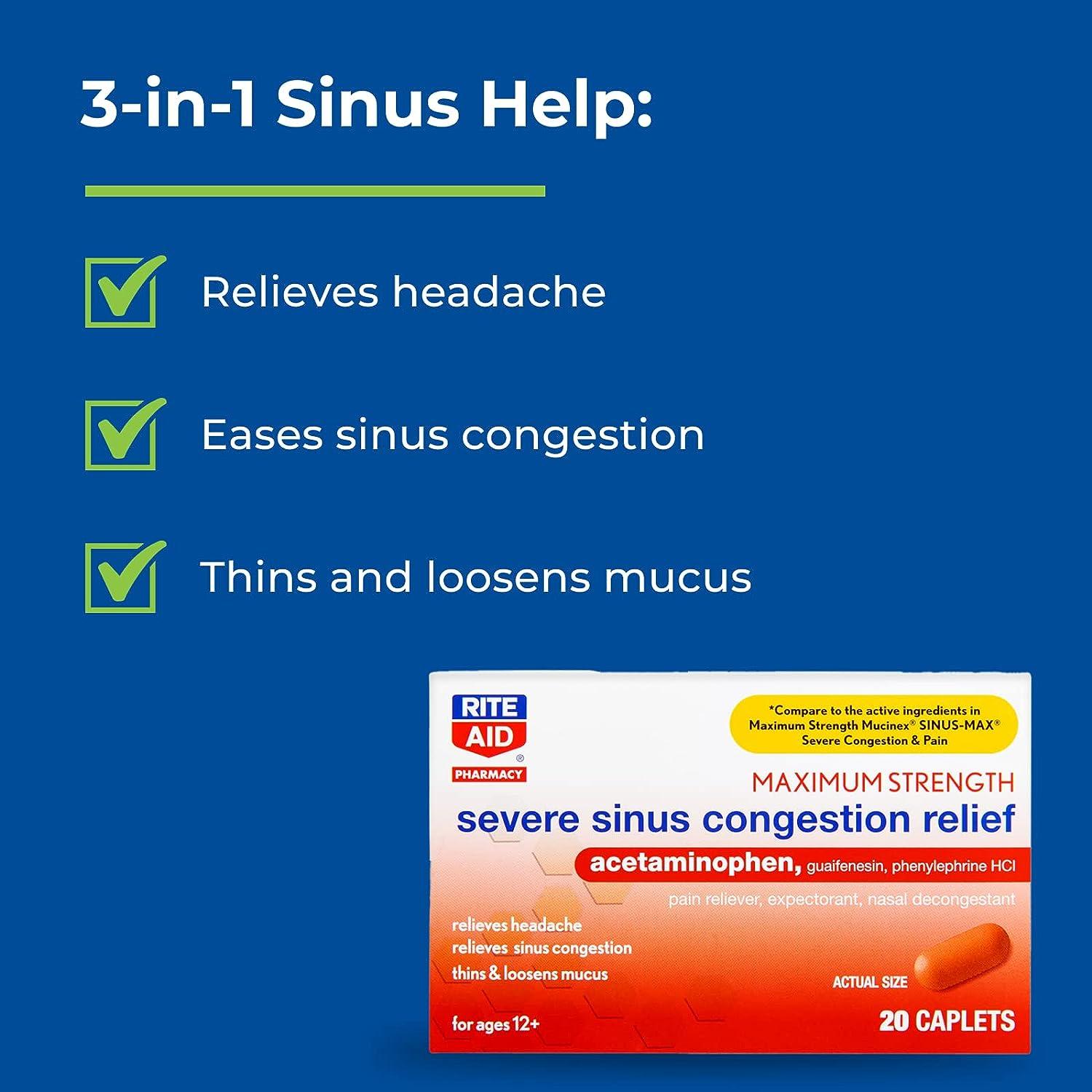 Rite Aid Severe Sinus Medicine - 20 Caplets | Maximum Strength Nasal ...