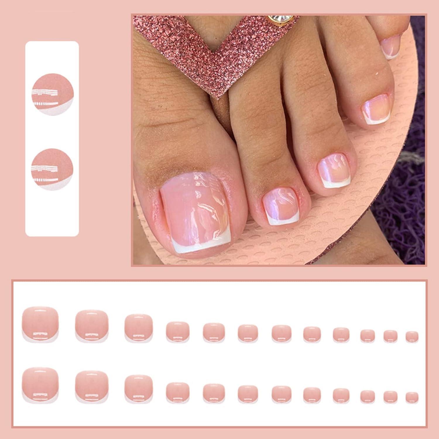 24Pcs French Square False Toenails Glossy Pink & White Press on ...