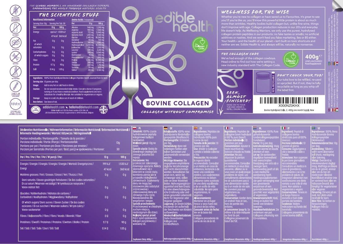 Edible Health Hydrolysed Bovine Collagen Powder - Protein Peptides - 18 ...