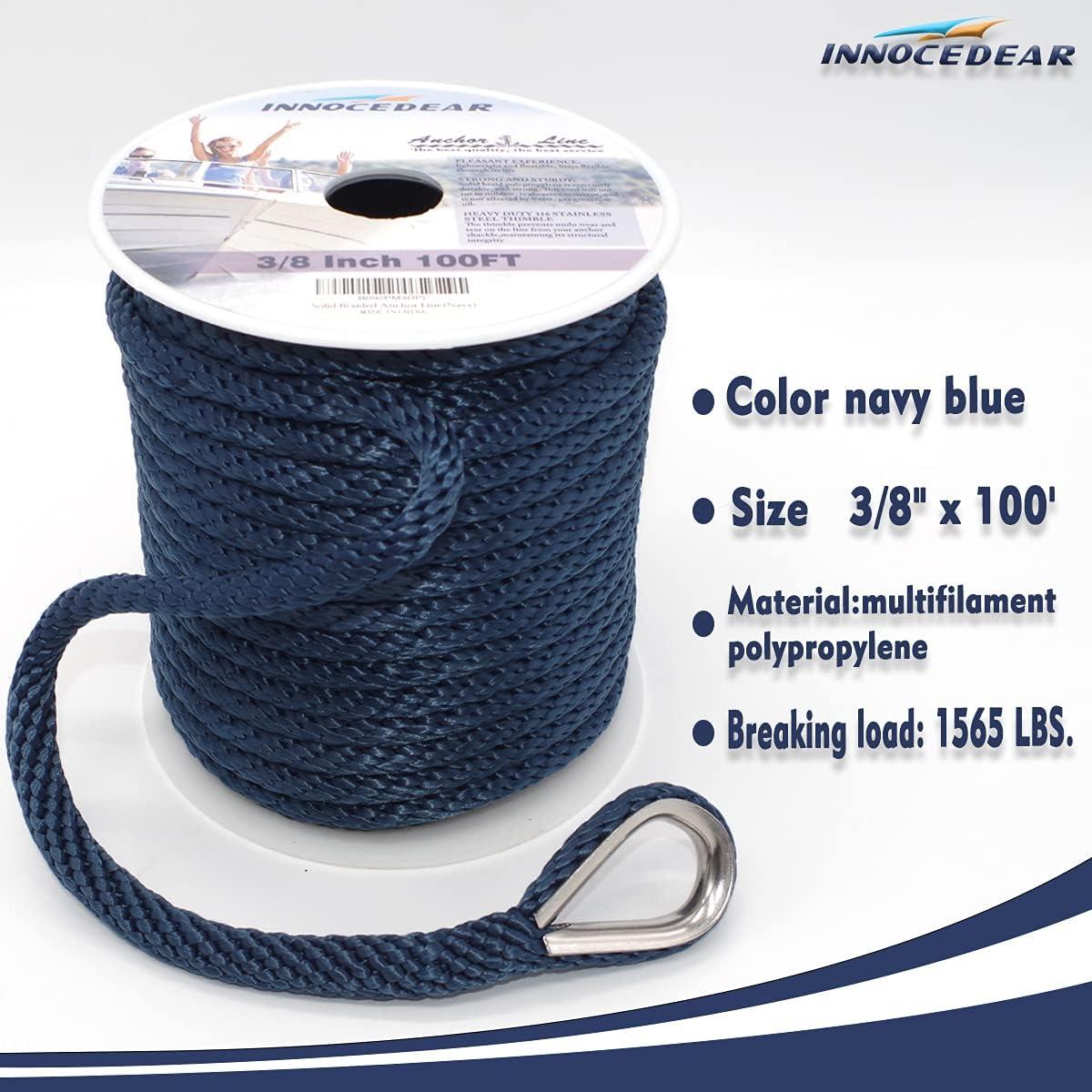 Premium Navy Anchor Rope - 3/8 x 100' Solid Braid MFP Boat Rope with ...
