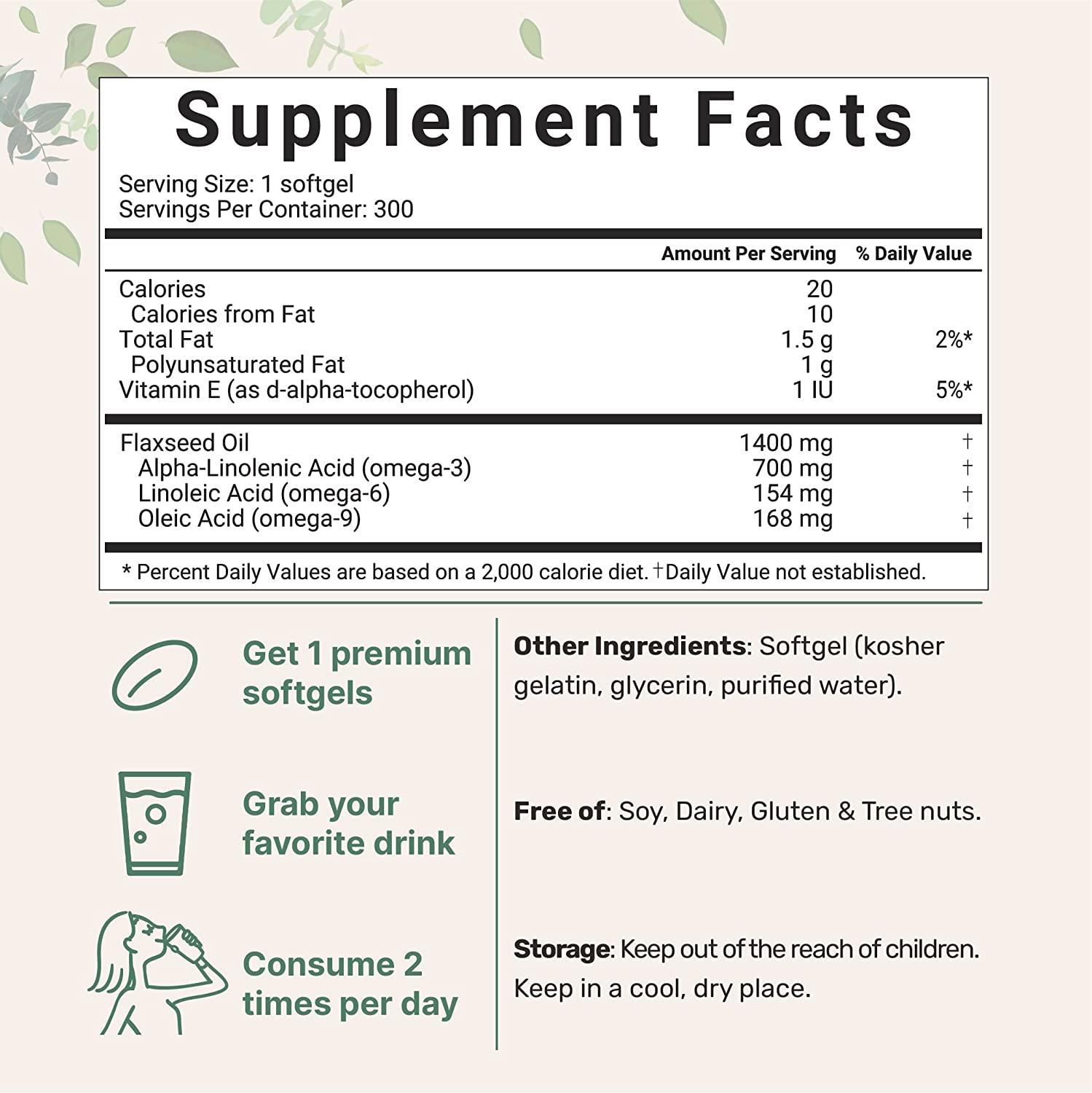 Flaxseed Oil Capsules 1400mg - 300 Liquid Softgels (300 Days Supply ...