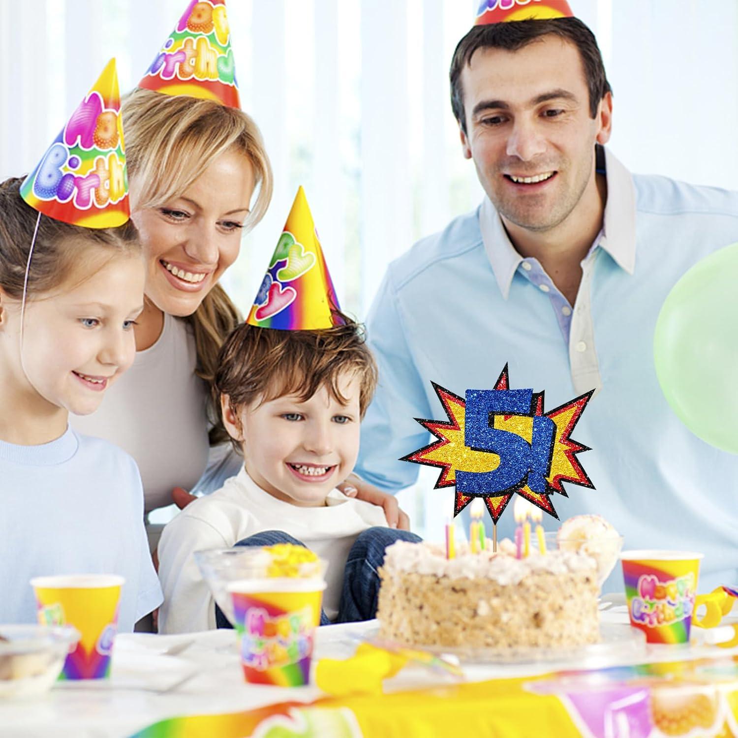 Supper Boy 5th Birthday Cake Topper Blue Glitter Superhero Five Years Old Birthday Cake Topper ...