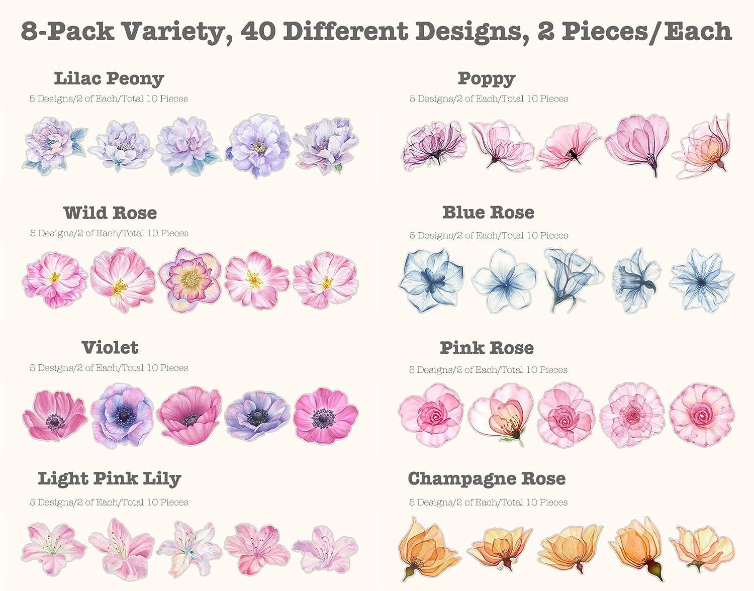 LakoArt 80-Piece Large Transparent Waterproof Flower Stickers Set ...