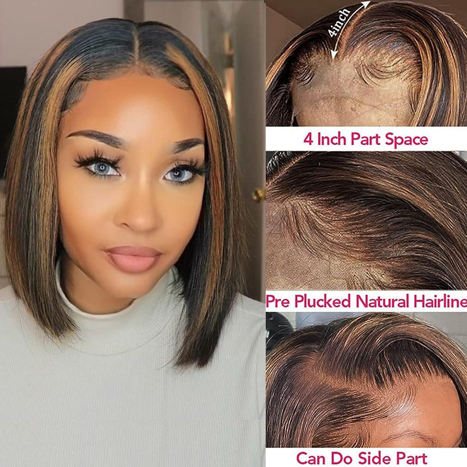 Haha Brown Bob Highlight Wig | Human Hair Ombre Lace Front 4x4 Closure ...