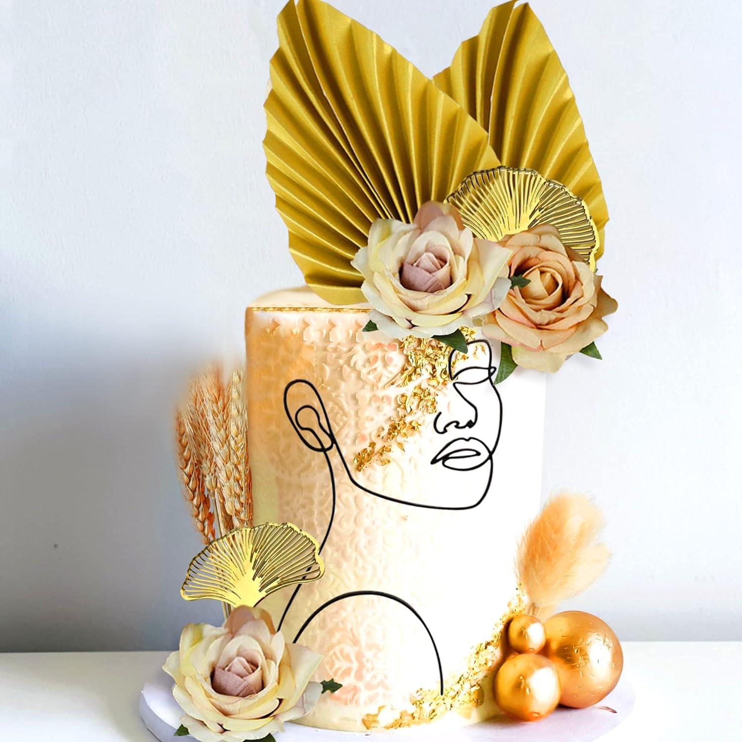 Champagne Acrylic Lady Face Cake Topper with Gold Leaves for Wedding ...