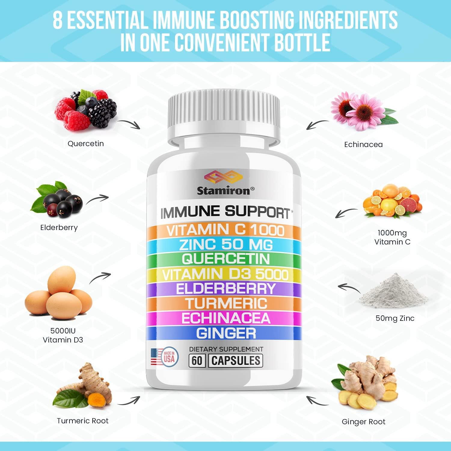 Immune Support Supplement with Quercetin, Zinc, Vitamin C, D3, Elderberry, Turmeric & Ginger - 8 ...