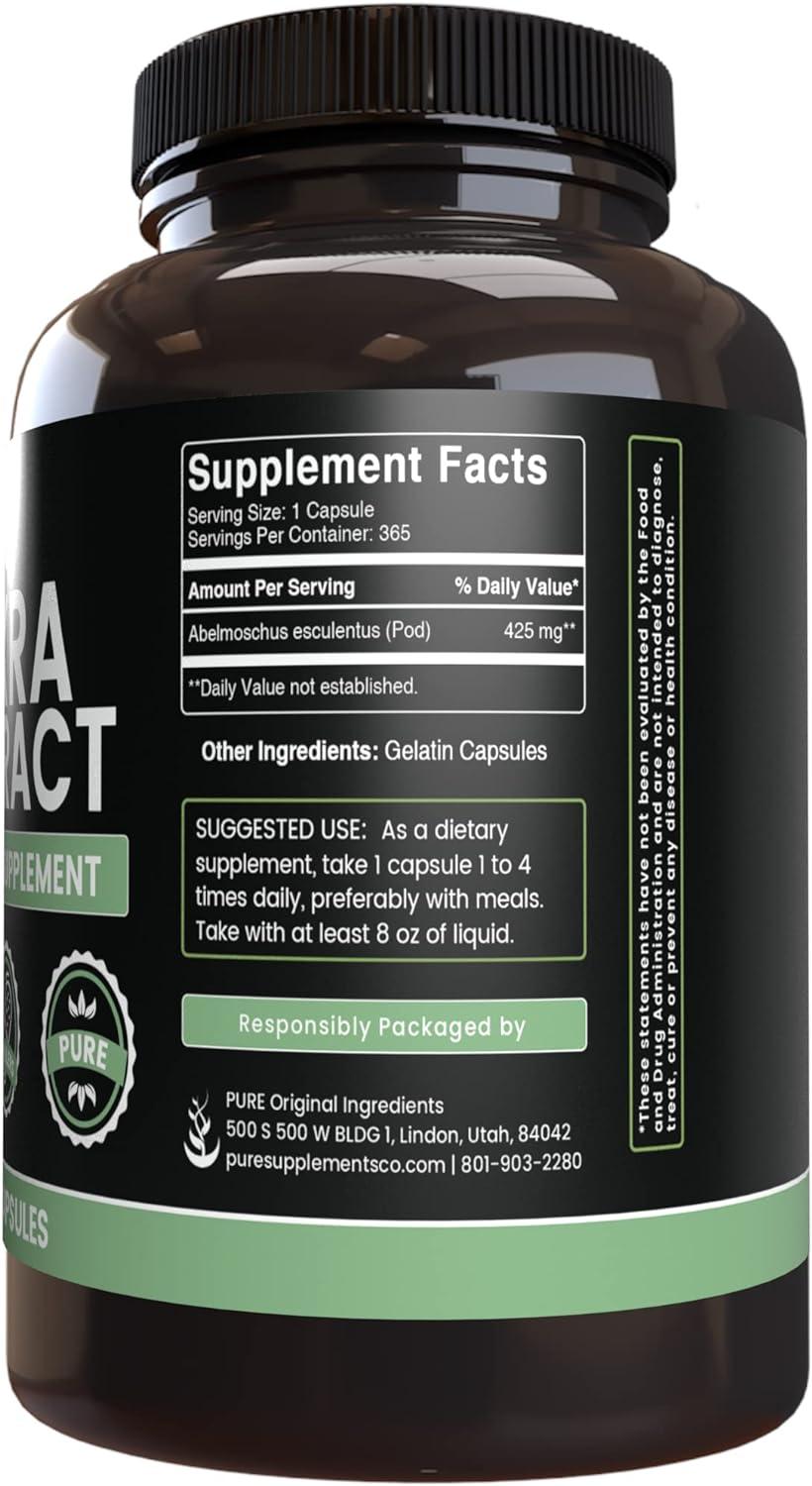 Pure Okra Extract Capsules - 365 Count | Lab Verified, No Fillers | 100 ...
