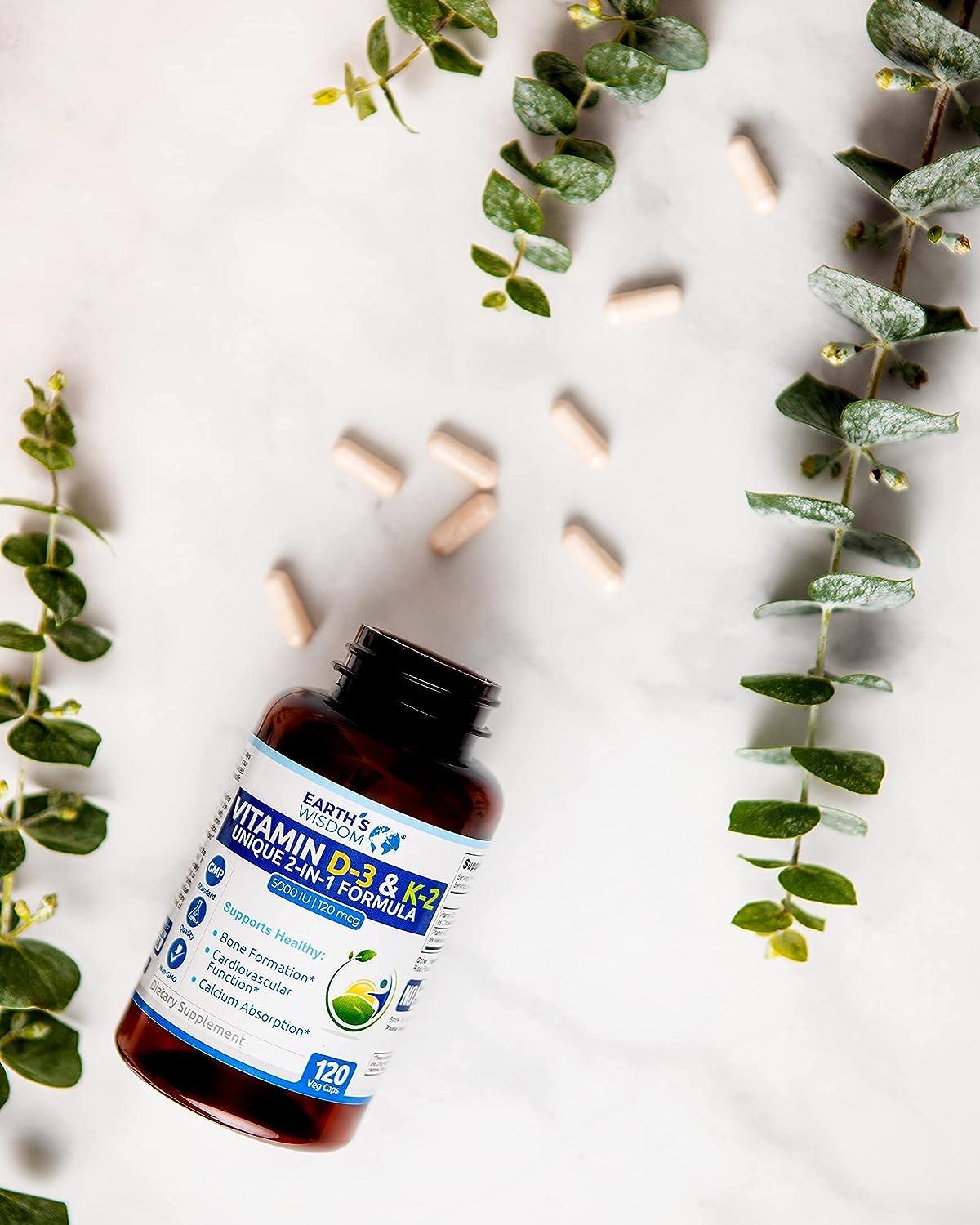 Earth's Wisdom Vitamin D3 5000 IU with K2 (MK7) Formula - 120 Capsules ...