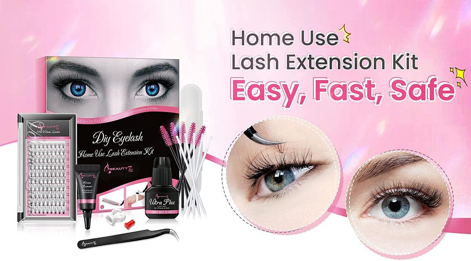 Beauty7 DIY Eyelash Extension Kit - Beginner Lash Kit for At-Home Application - 10D Cluster ...