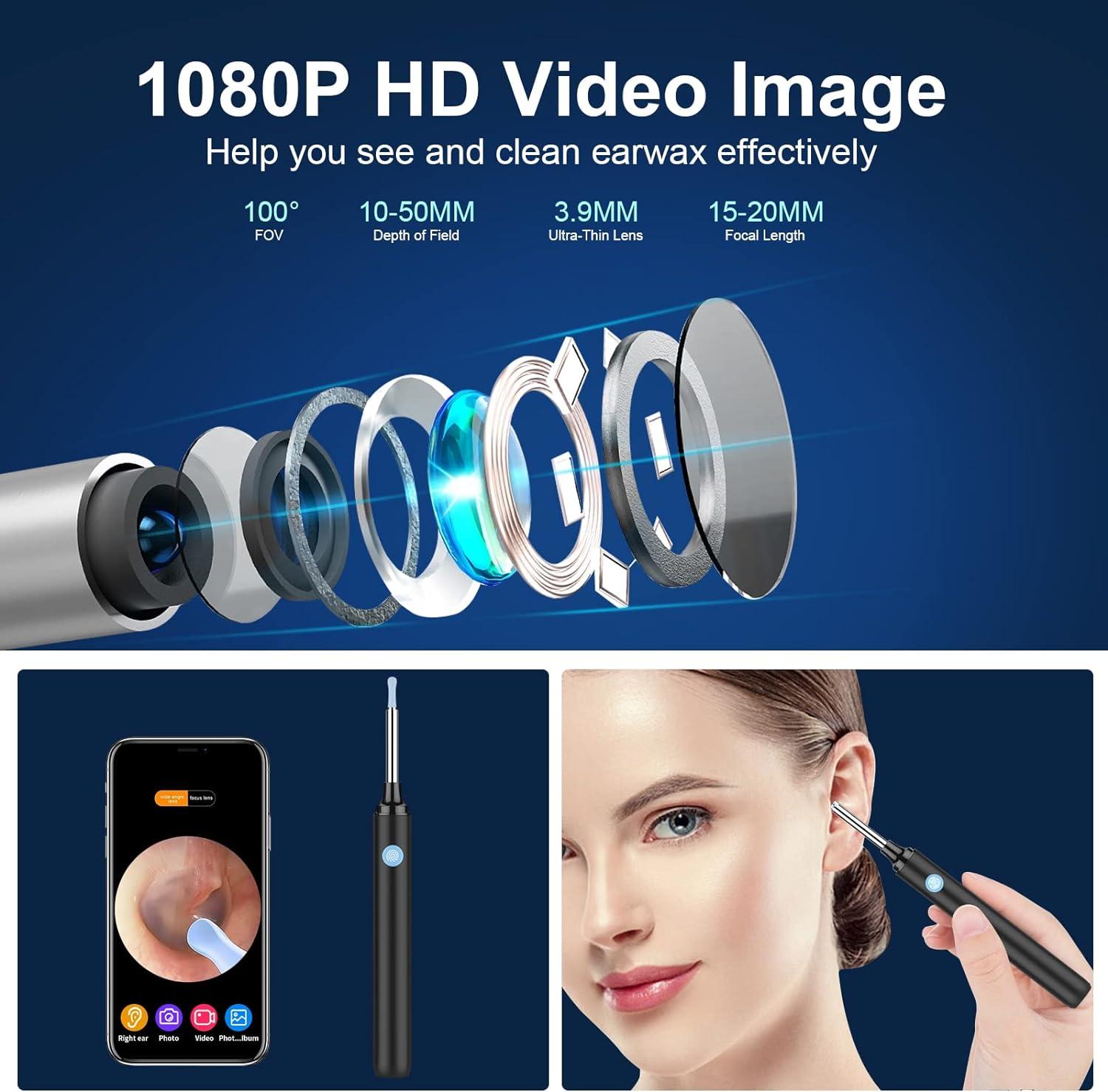 Ear Wax Removal Tool Kit with 1080P Camera and 6 Replaceable Ear Scoops ...
