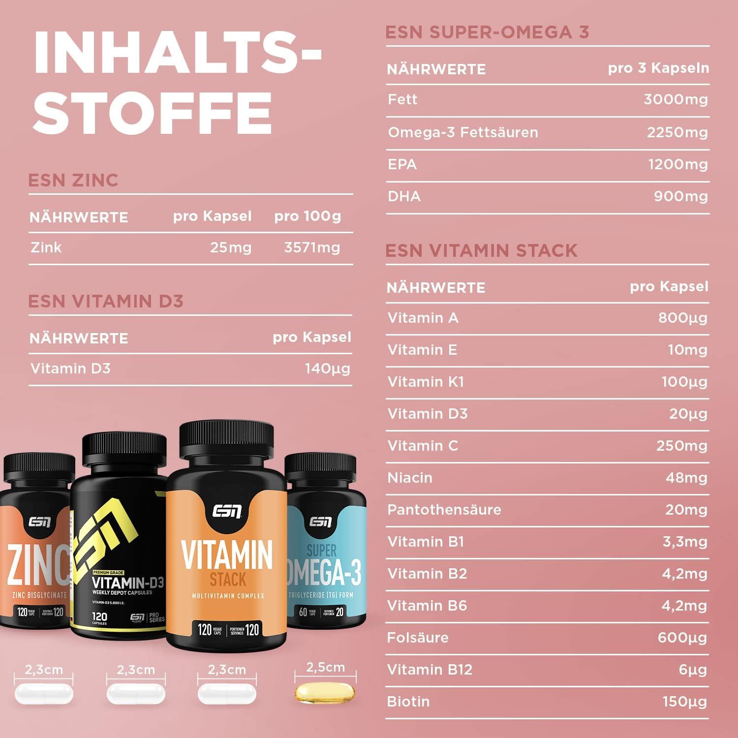 ESN 4-Pack Vitamins & Vital Substances Zinc Omega 3 Vitamin D & Vitamin ...