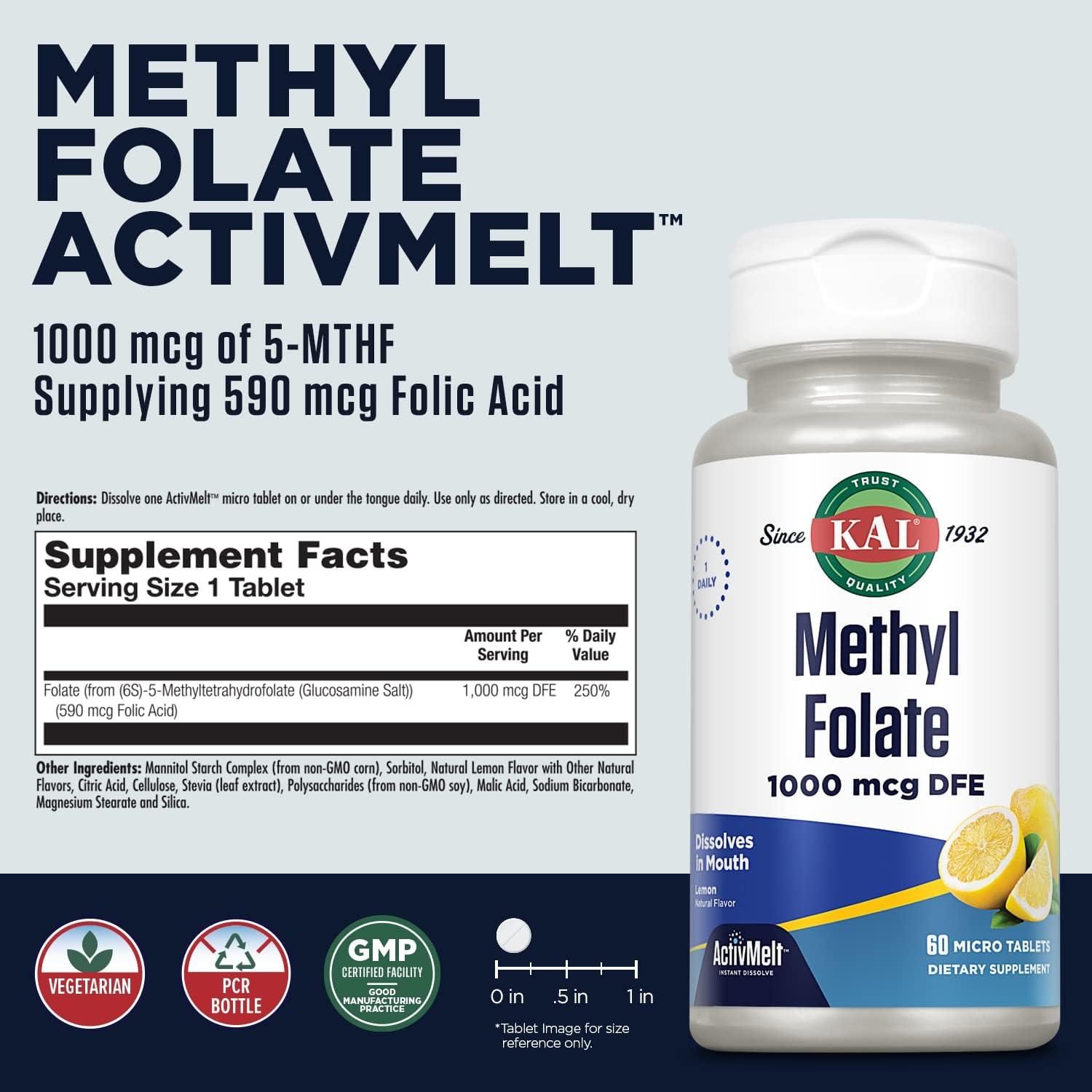 KAL Methyl Folate 1000 mcg 5-MTHF | Folic Acid Supplement for Heart ...