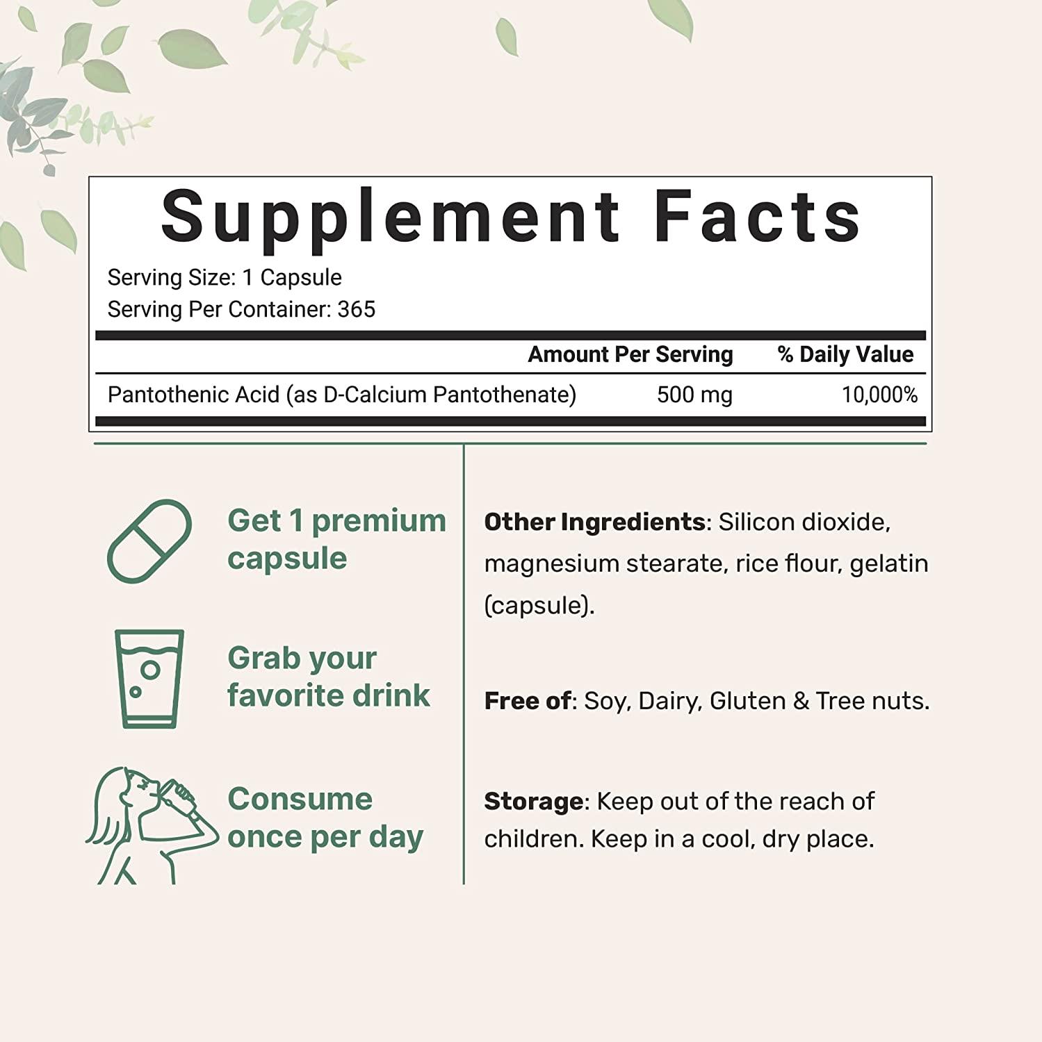 Pantothenic Acid Vitamin B5 500mg | 365 Capsules (1 Year Supply) B-Complex Vitamin for Energy ...