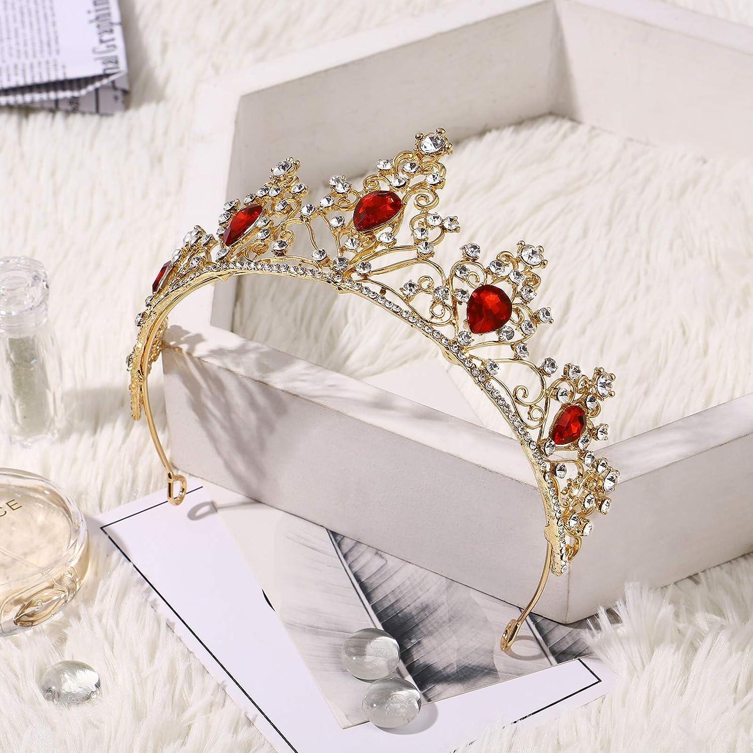 Minkissy Gemstone Crown Tiara - Red Crystal Rhinestone Queen Princess ...