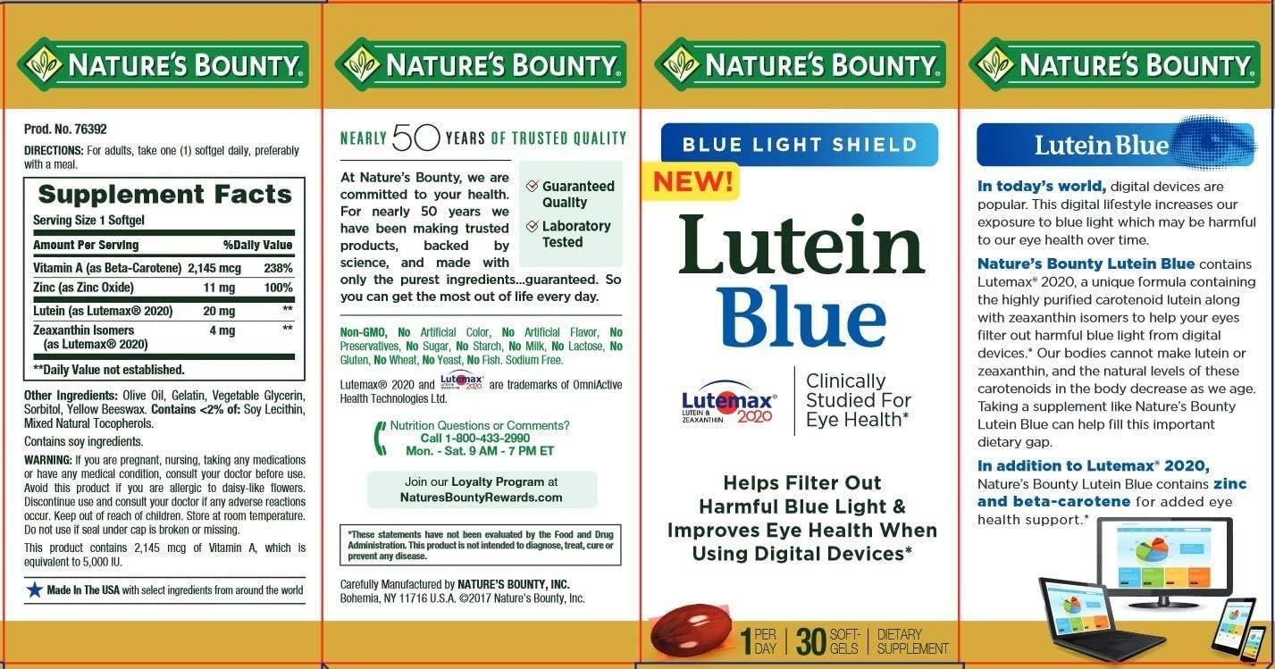 Nature's Bounty Lutein Blue - 30 Softgels for Eye Health & Vision ...
