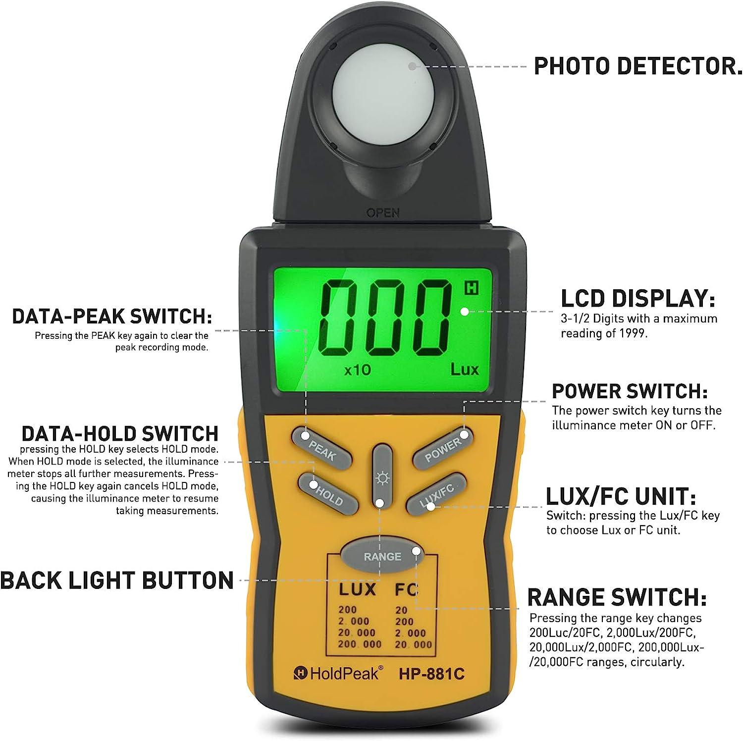 HOLDPEAK 881C Digital LUX Meter | Measure Range 0.1-200,000 Lux | 0.01 ...