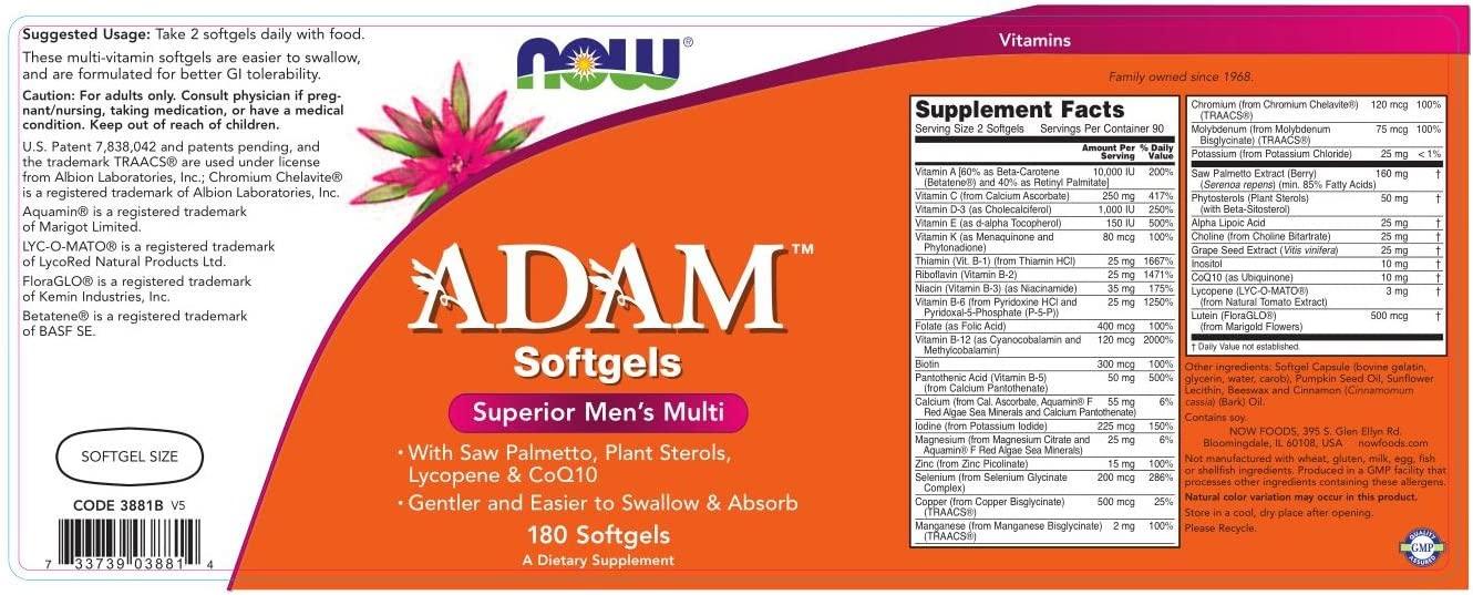 NOW Foods ADAM Men's Multiple Vitamin 180 Softgel (2 Pack) - Essential ...