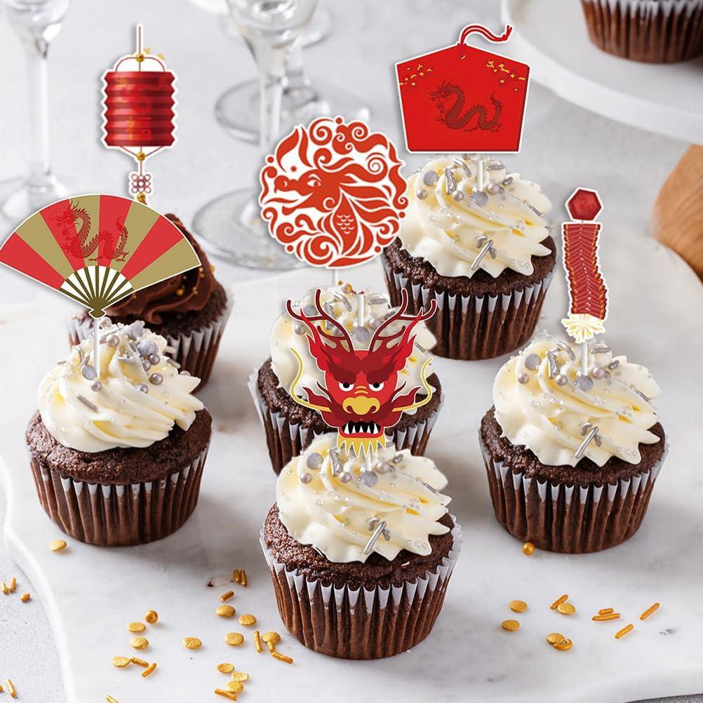 DECHOUS 24pcs Chinese Happy New Year Cupcake Toppers Chinese Dragon ...