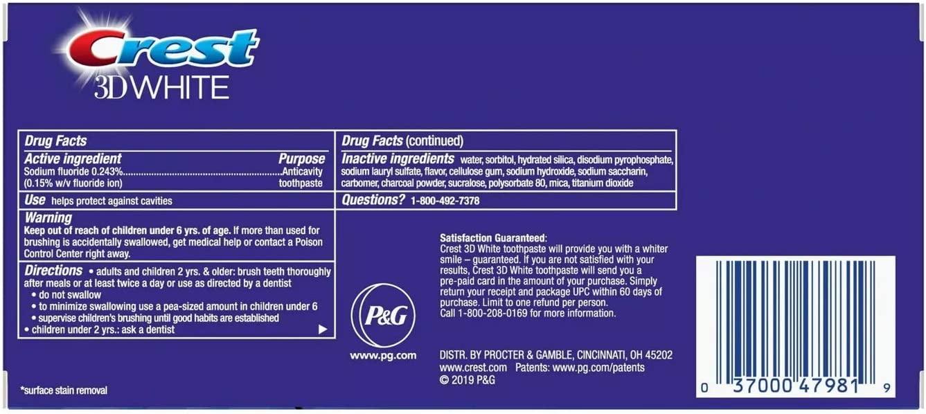 Crest 3D White Charcoal Toothpaste 4.1 Oz (116g) - Pack of 2 - Brighten ...