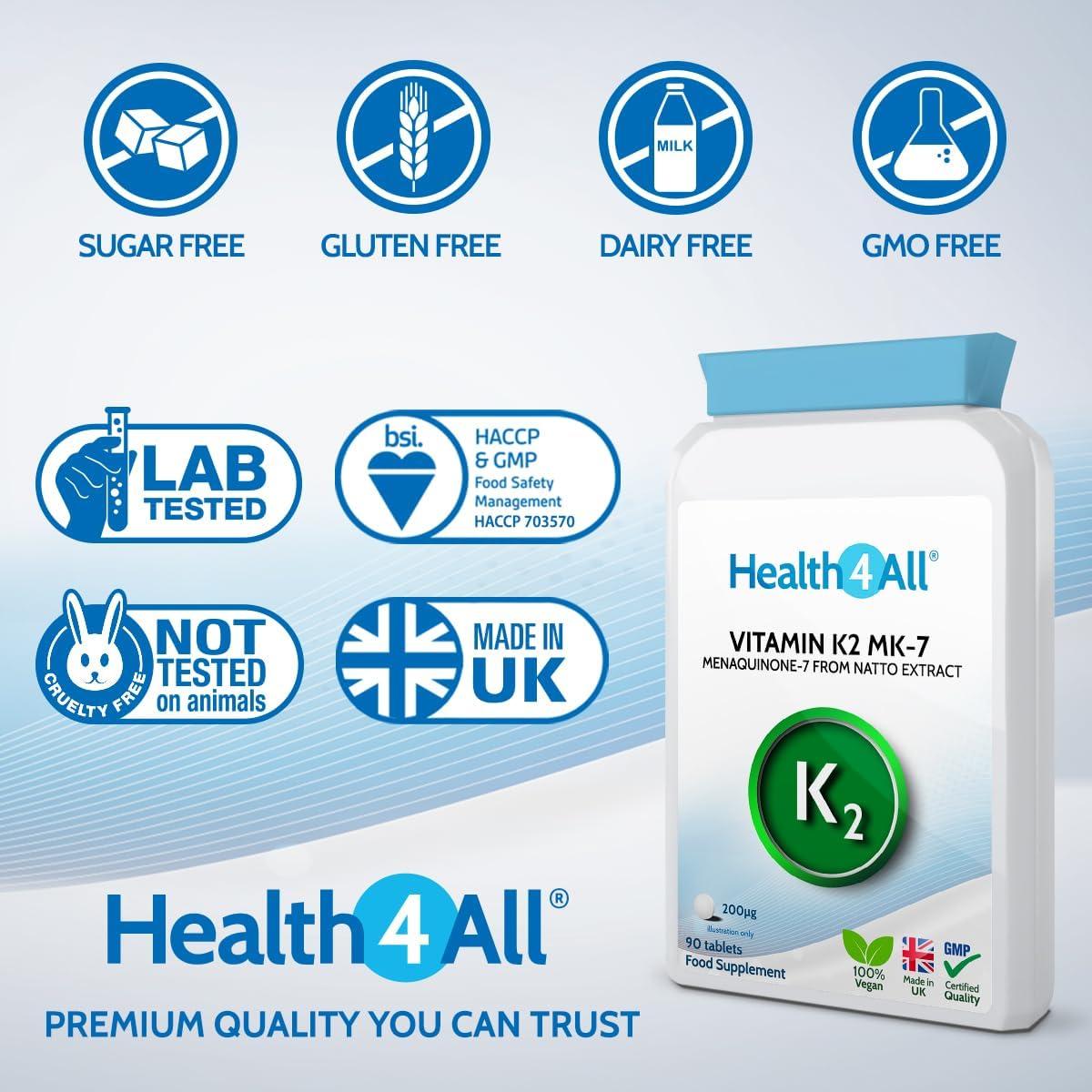Health4All Vitamin K2 MK7 200mcg 90 Tablets - Vegan K2 Supplement from ...