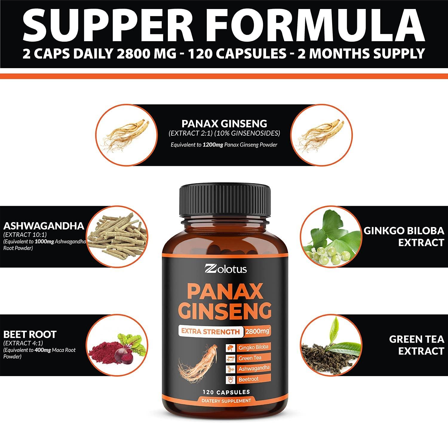 Korean Red Panax Ginseng + Ginkgo Biloba 2800mg with Ashwagandha ...