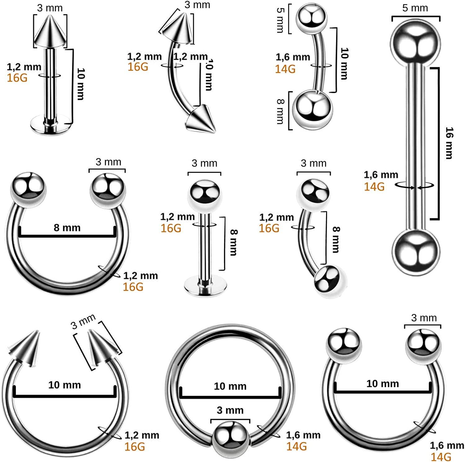 BodyJ4You 36PC PRO Body Piercing Kit | Surgical Steel Nose Septum Ear ...