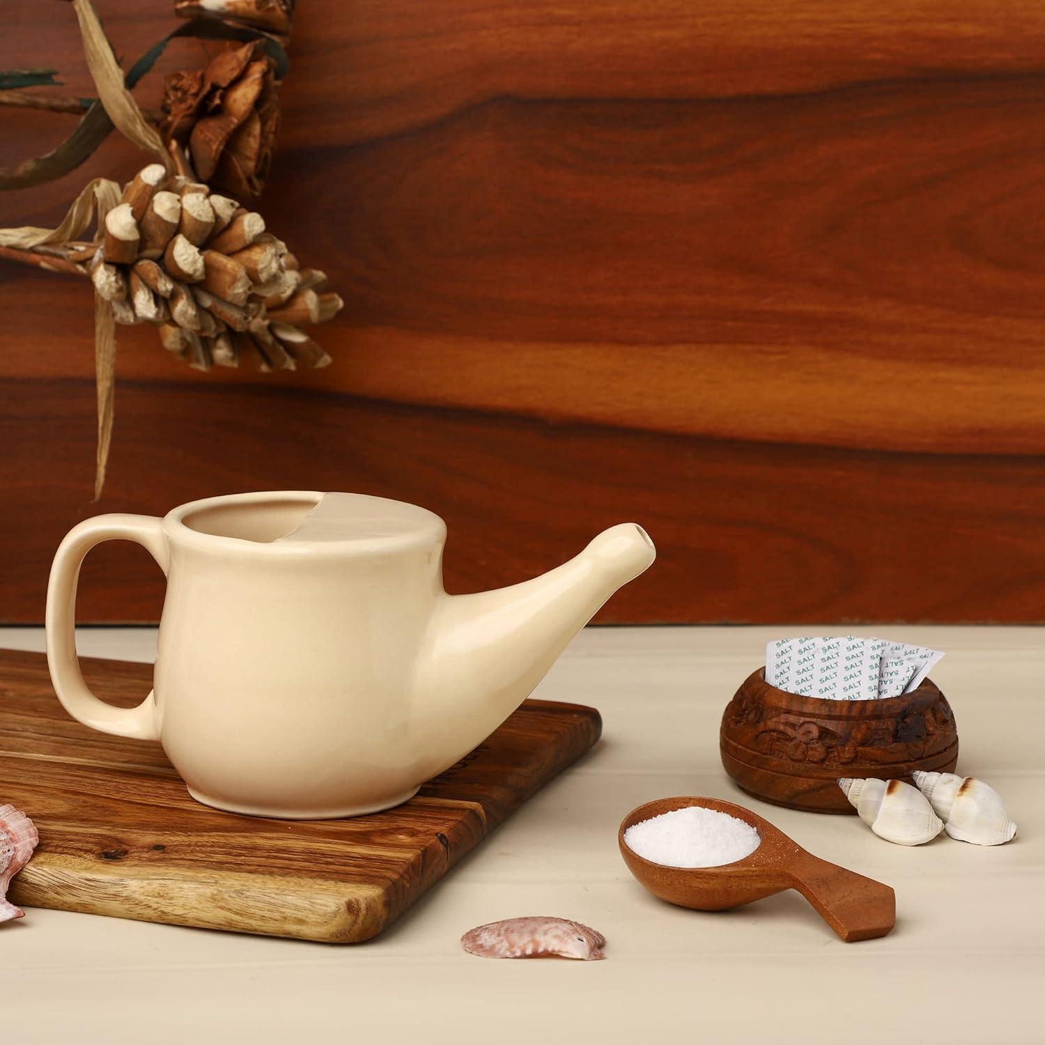Spill Proof Ceramic Neti Pot Set - Beige, 250 ML - 5 Sachet Neti Salt ...