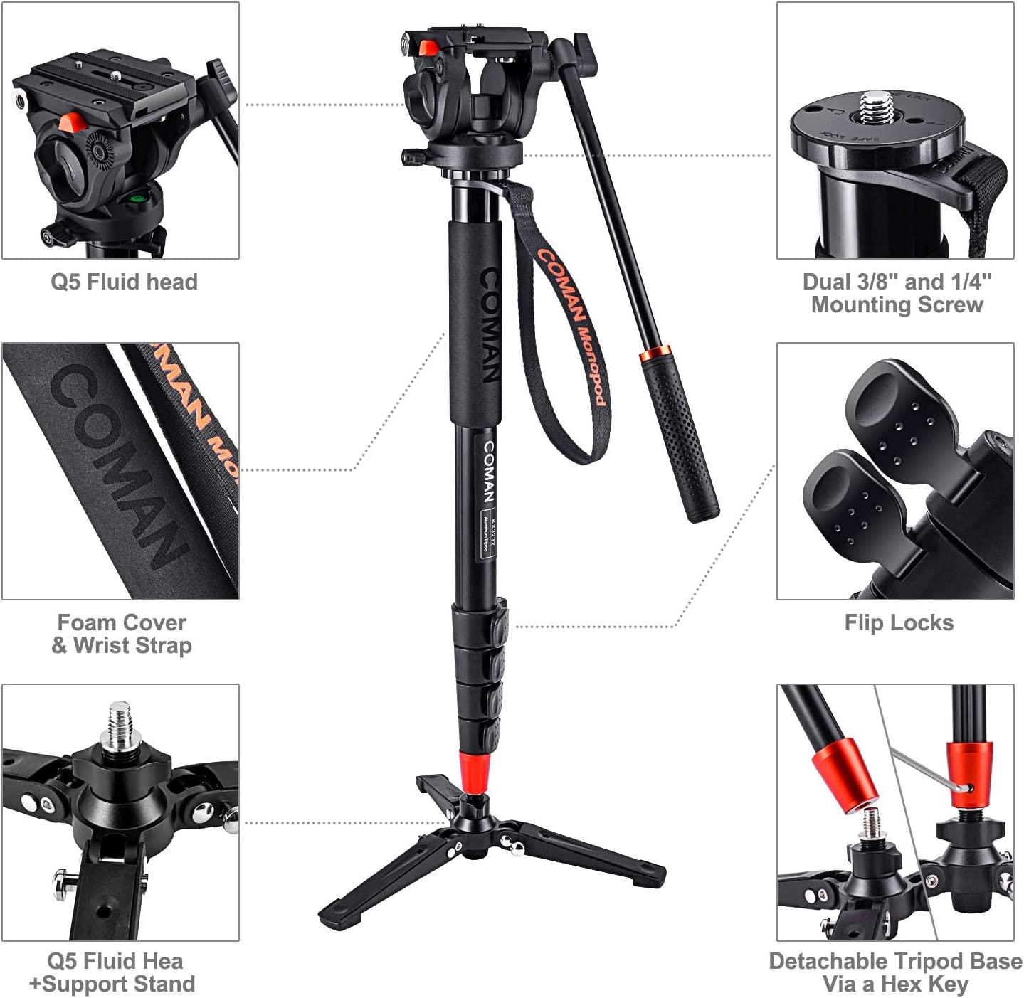 COMAN KX3232 73.2 Professional Aluminum Monopod Tripod with Pan Tilt ...