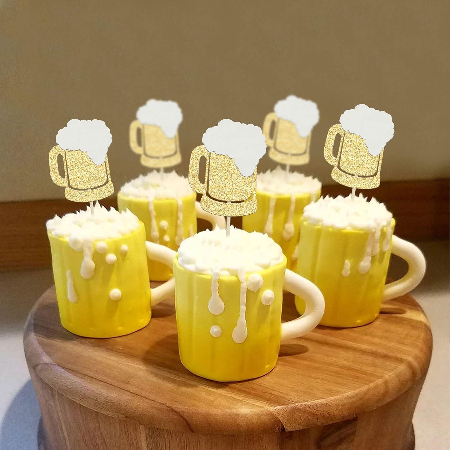 Gyufise 24Pcs Cheers Beer Mug Cupcake Toppers Gold Glitter Beers Cake ...