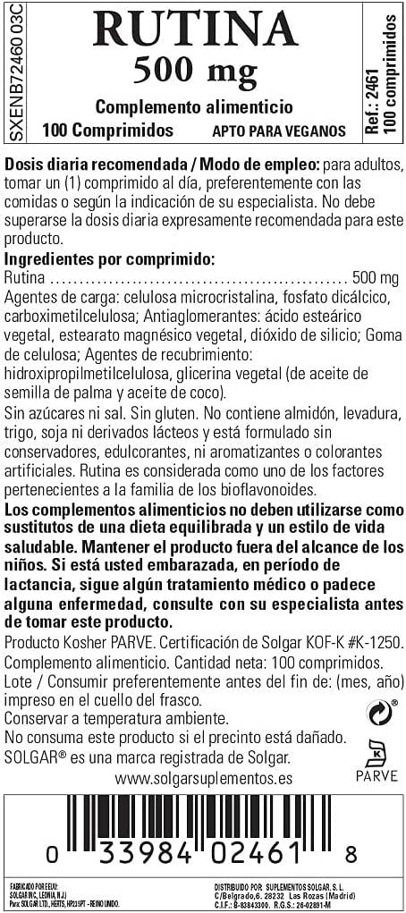 Solgar Rutin 500mg 100 Tablets - Antioxidant Bioflavonoid Supplement ...