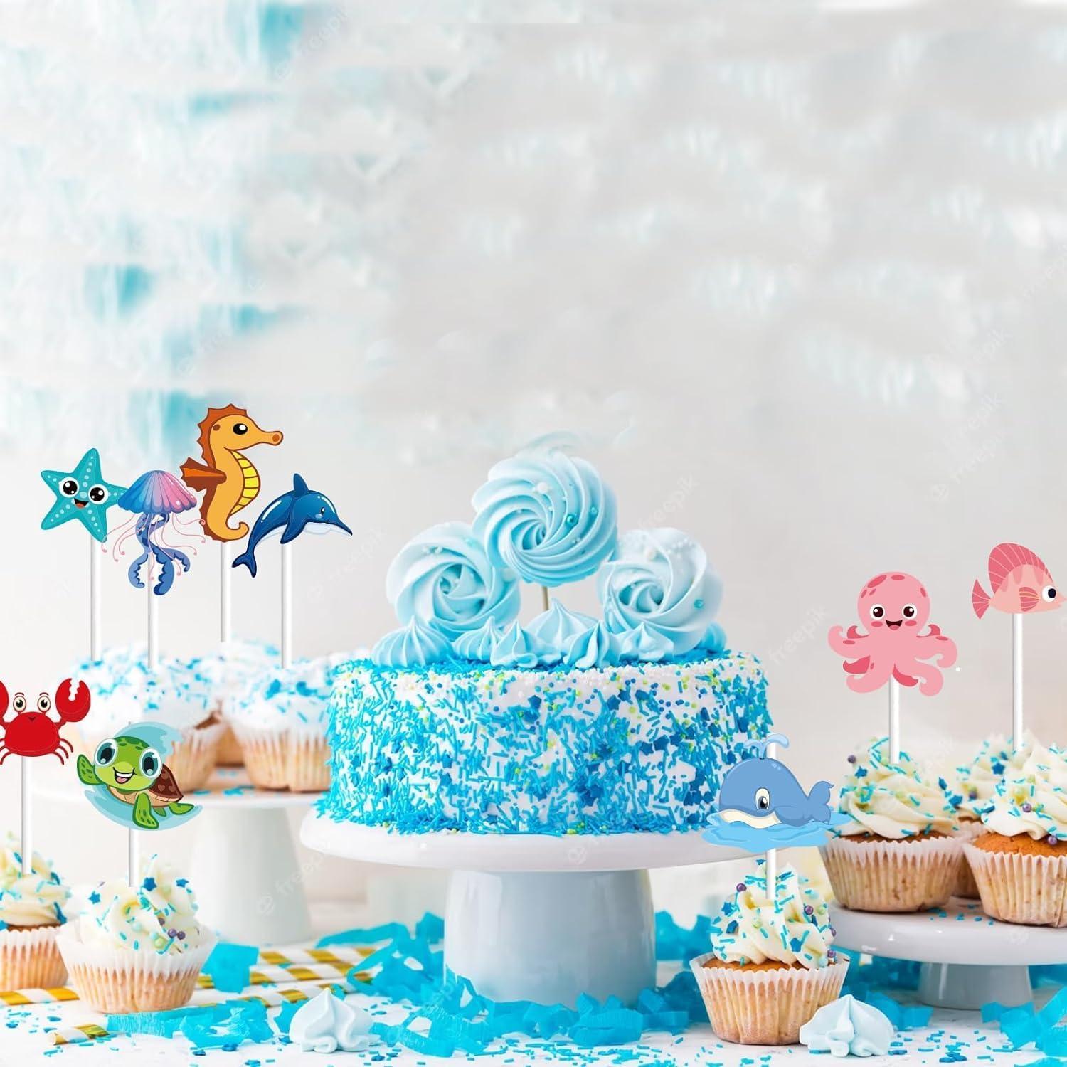 36Pcs Ocean Animal Happy Birthday Cupcake Toppers Under the Sea Animals ...
