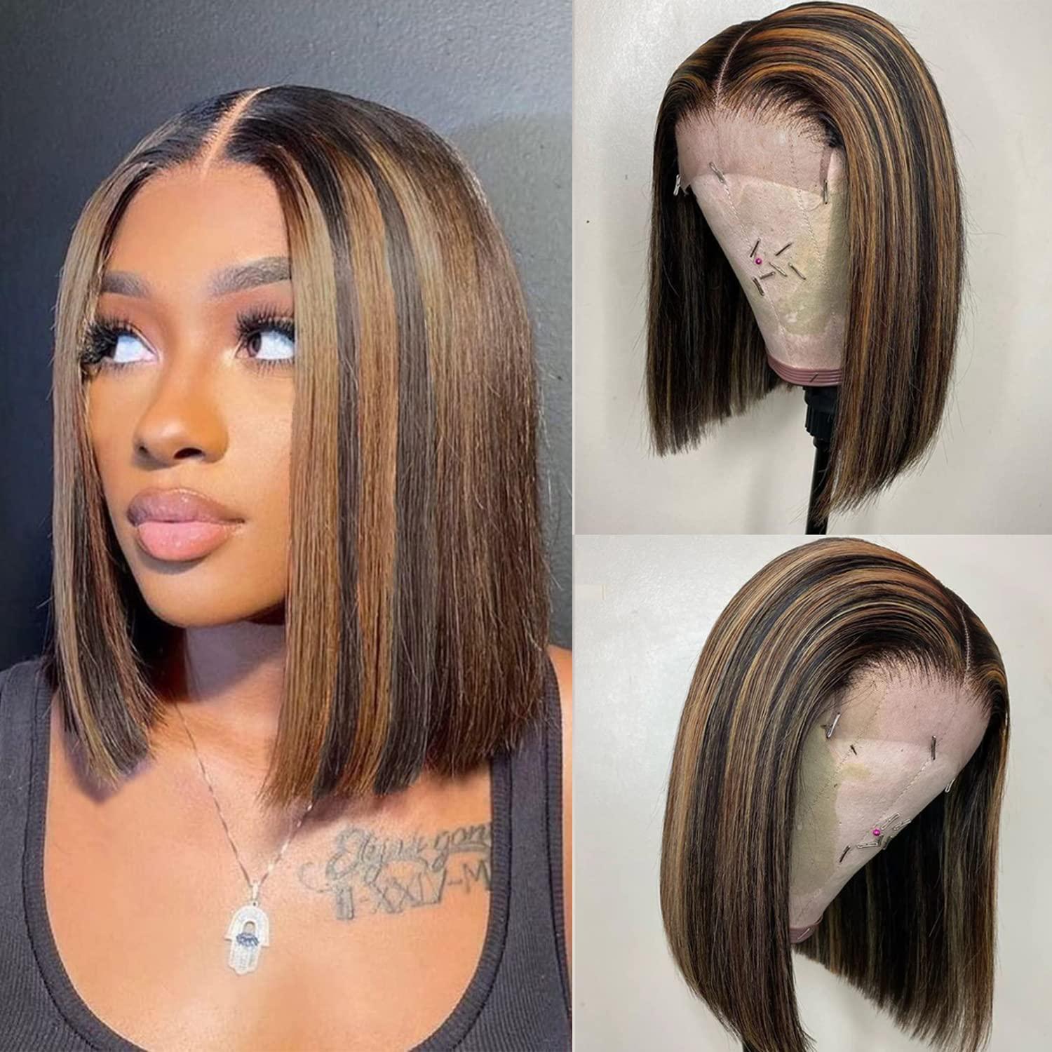 Haha Brown Bob Highlight Wig | Human Hair Ombre Lace Front 4x4 Closure ...
