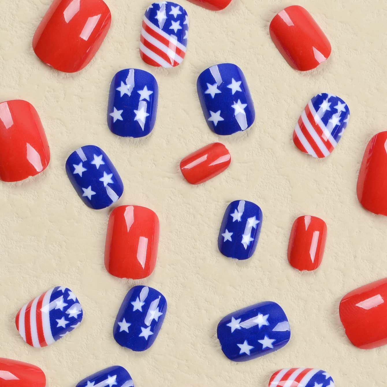 24Pcs Independence Day Fake Nails | July 4th Red Blue Line Acrylic Full ...