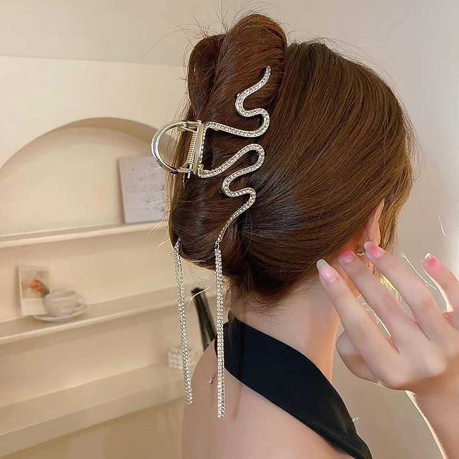 Bedazzled Sparkle Claw Clip with Dangling Chain - Fancy Gold Hair Clip ...