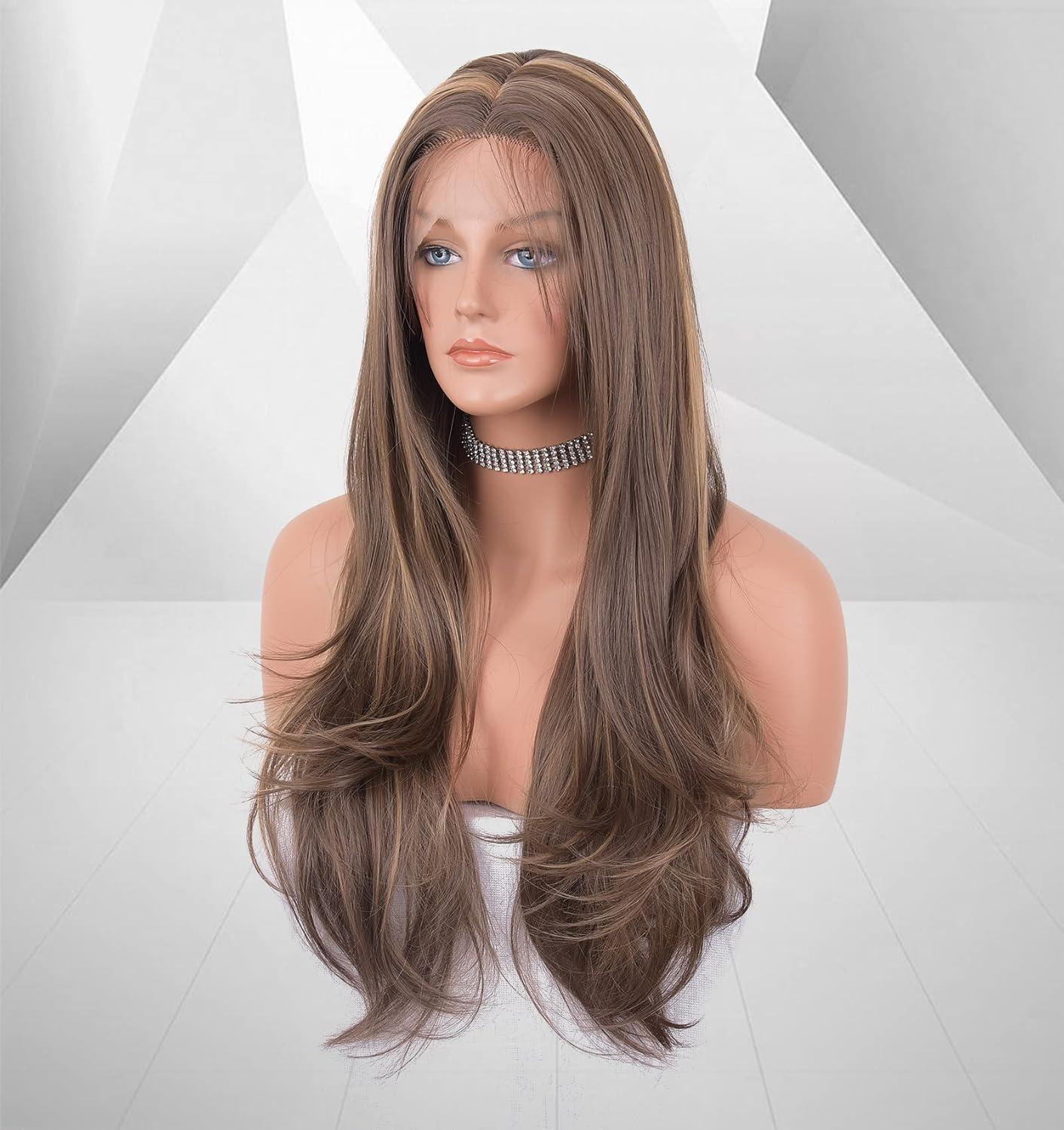 Vebonny 22-Inch Dark Brown & Blonde Highlights Lace Front Wig - Synthetic Straight Wig #097 ...