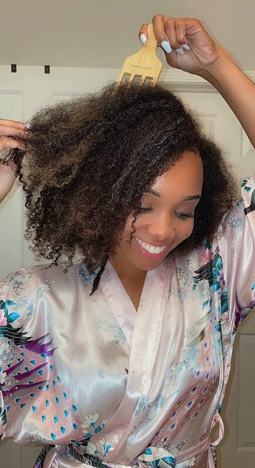 GranNaturals 4-Prong Wide-Toothed Wooden Hair Pick for Curly Hair ...