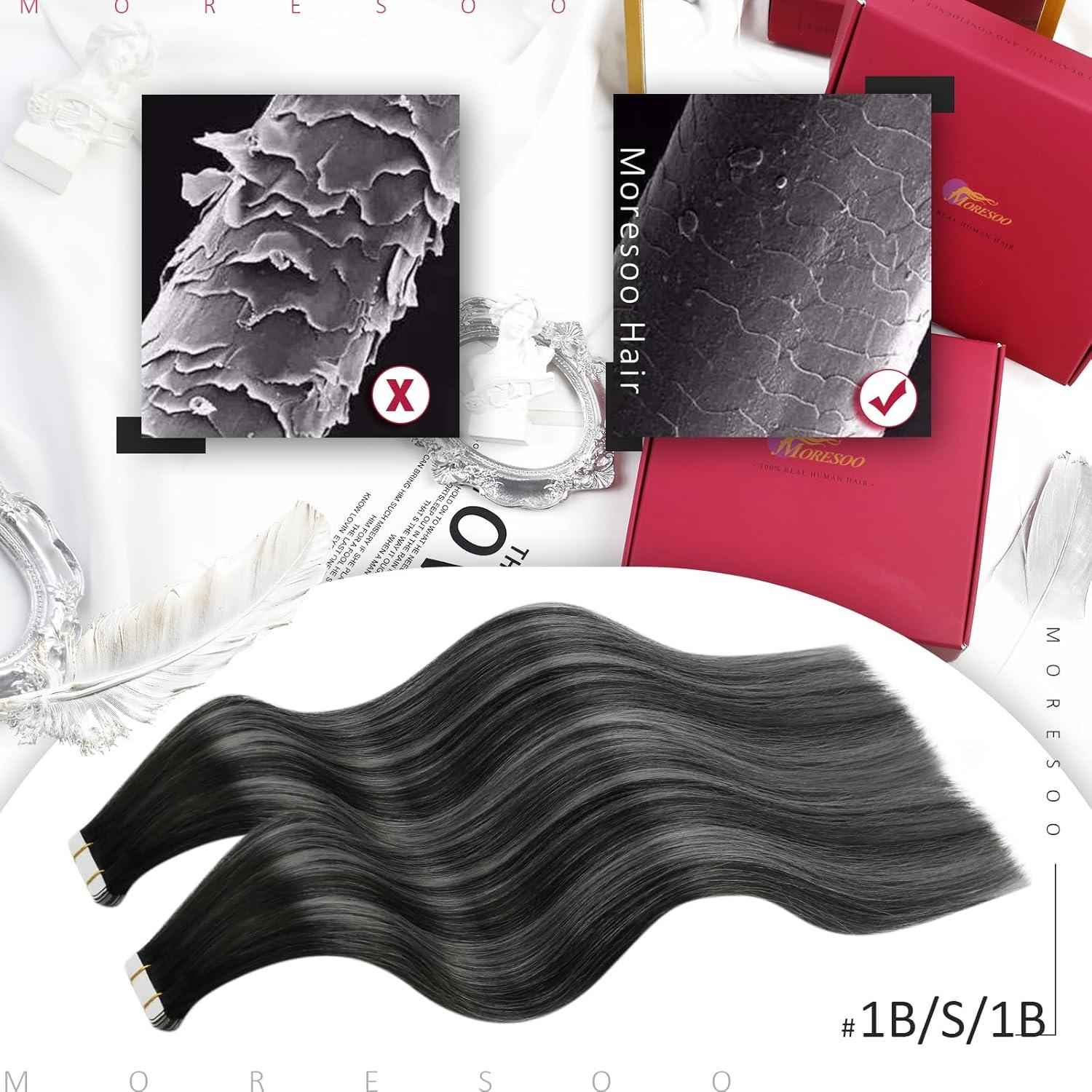 Moresoo 60cm Real Hair Tape Extensions - Ombre Black & Silver Balayage ...