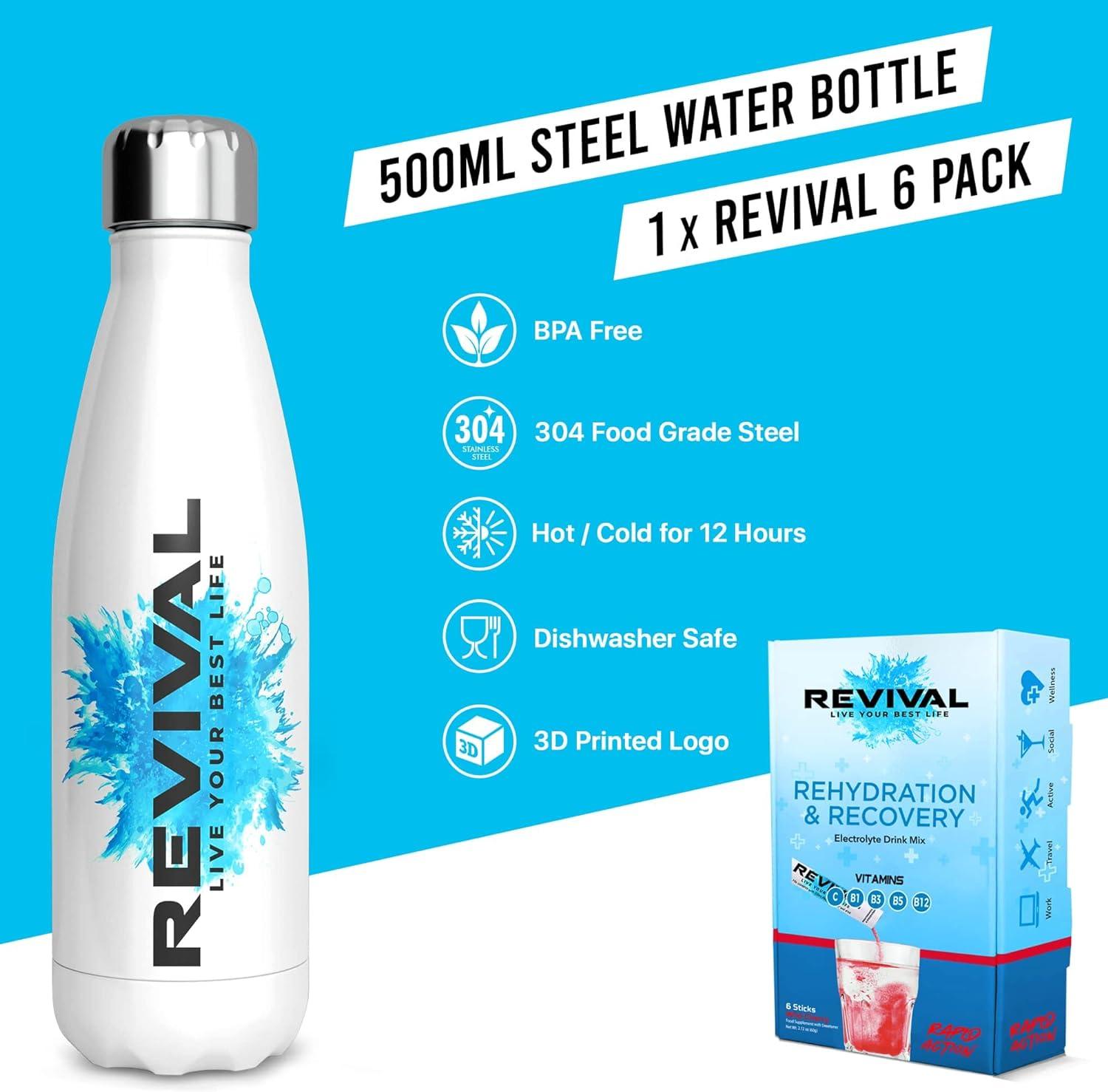 Revival Rapid Rehydration Starter Pack - 500ml Steel Water Bottle with ...