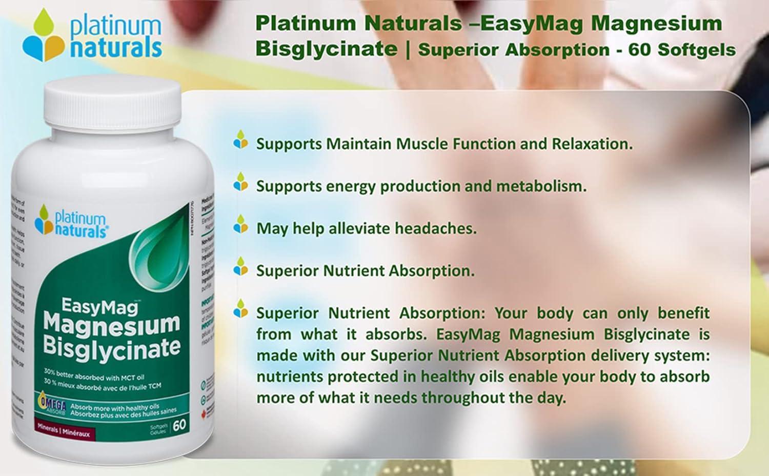 Platinum Naturals EasyMag Magnesium Bisglycinate 60 Softgels - Enhanced ...