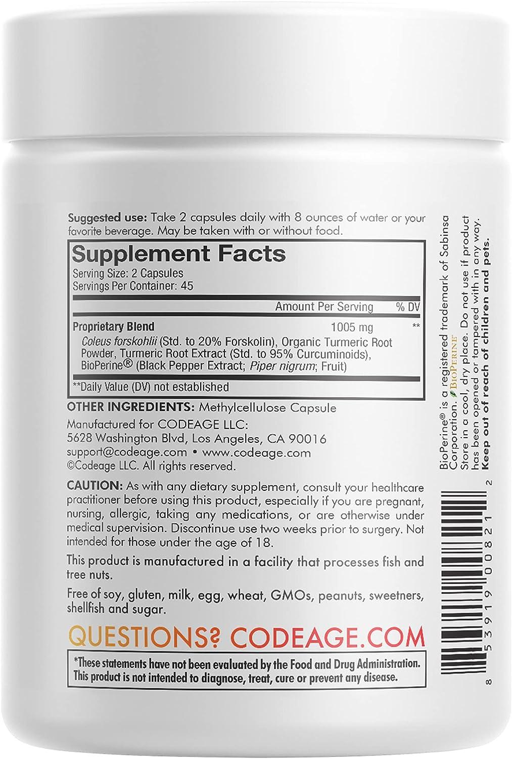 Codeage Forskolin Pure with Turmeric Root - 95% Curcuminoids, Bioperine ...