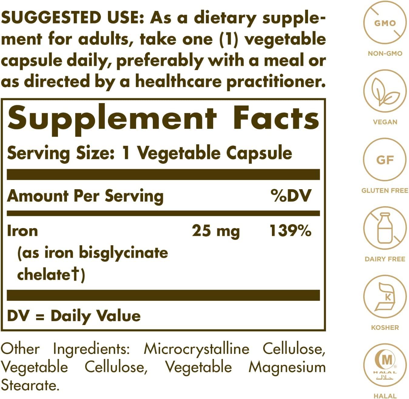 Solgar Gentle Iron 25 mg - 90 Vegan Capsules for Optimal Iron Support ...
