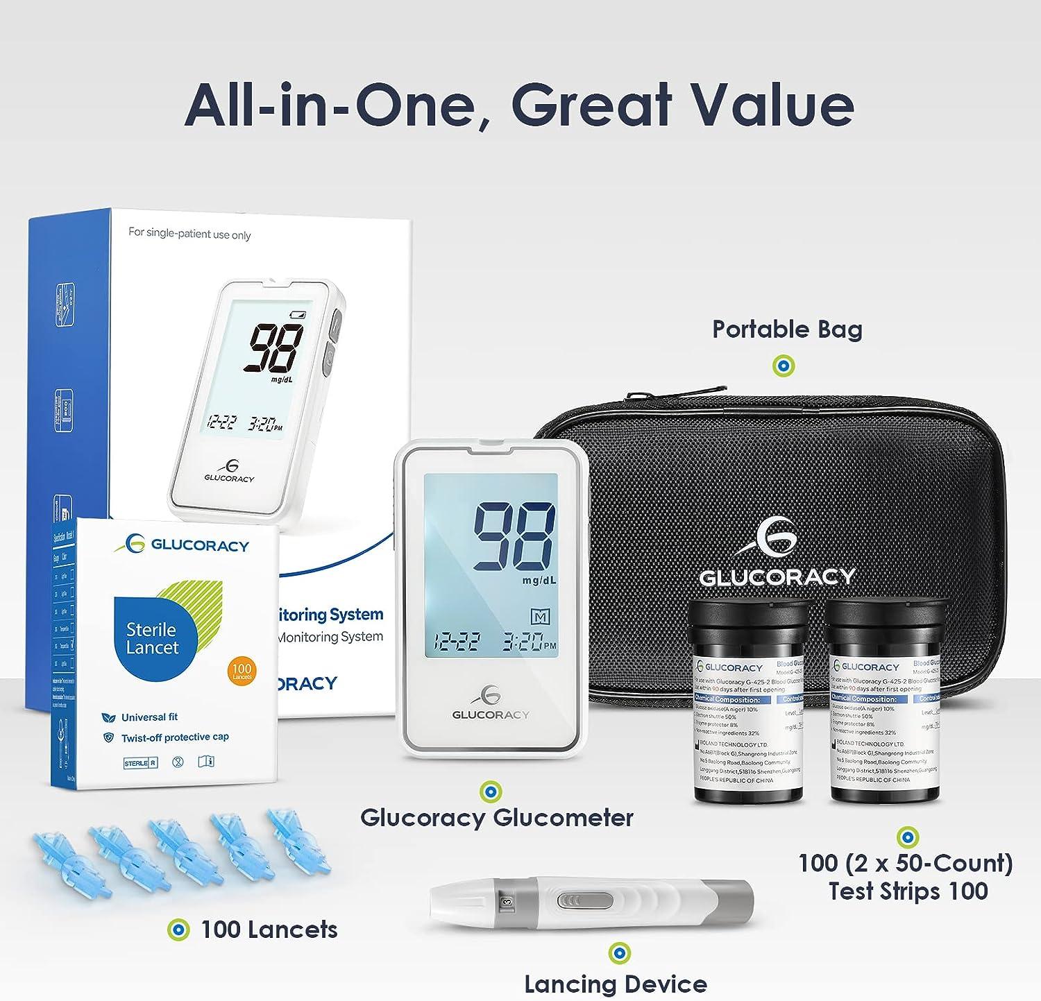 Glucoracy Blood Glucose Monitor Kit with 100 Test Strips & Lancets ...