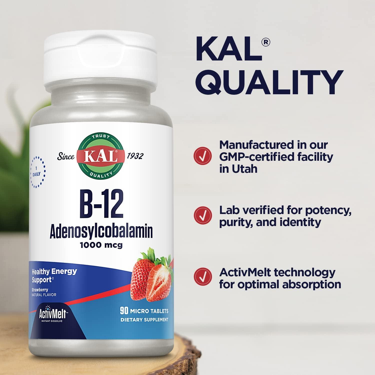 KAL Vitamin B12 1000mcg Adenosylcobalamin ActivMelt | Energy & Metabolism Support | Nerve & Red ...