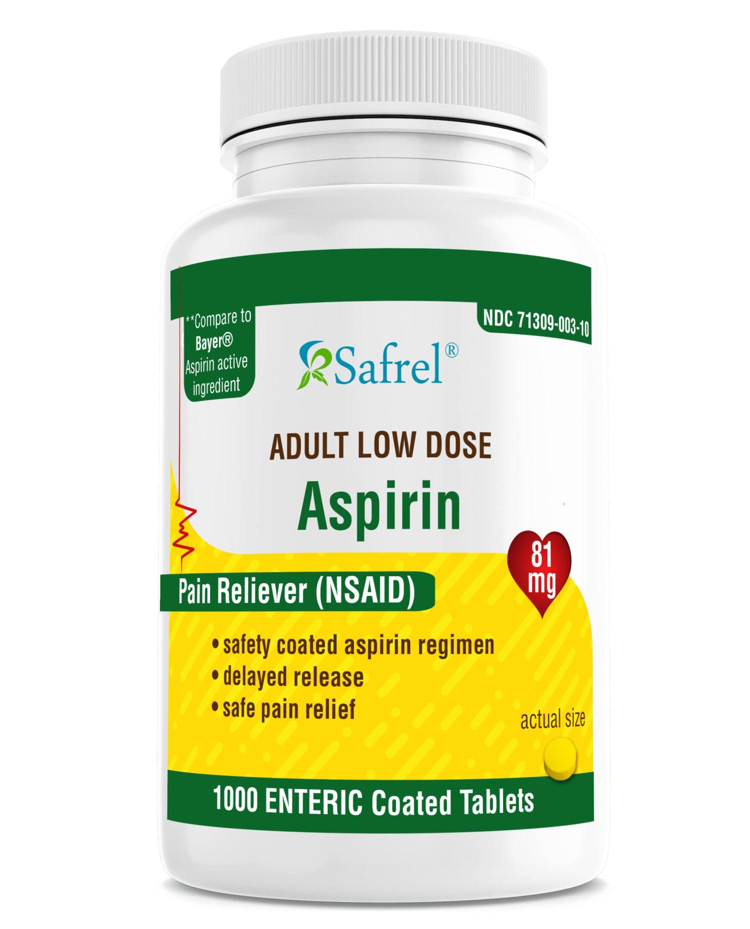 Safrel Aspirin 81 mg 1000 Enteric Coated Tablets - Low Dose Pain Relief ...