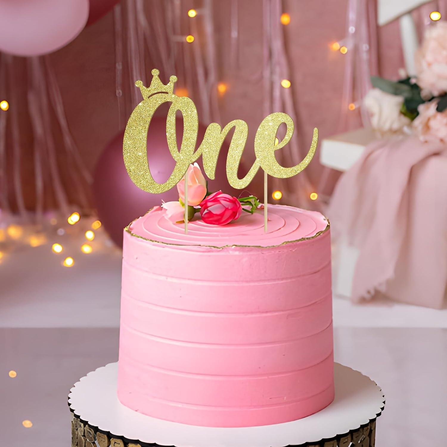 One Birthday Big Cake Topper + 6pcs One small Glitter Paper Gold Cake ...