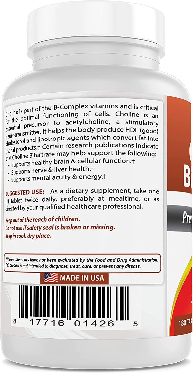 Best Naturals Choline Bitartrate 650mg (Non-GMO) - 180 Tablets for ...