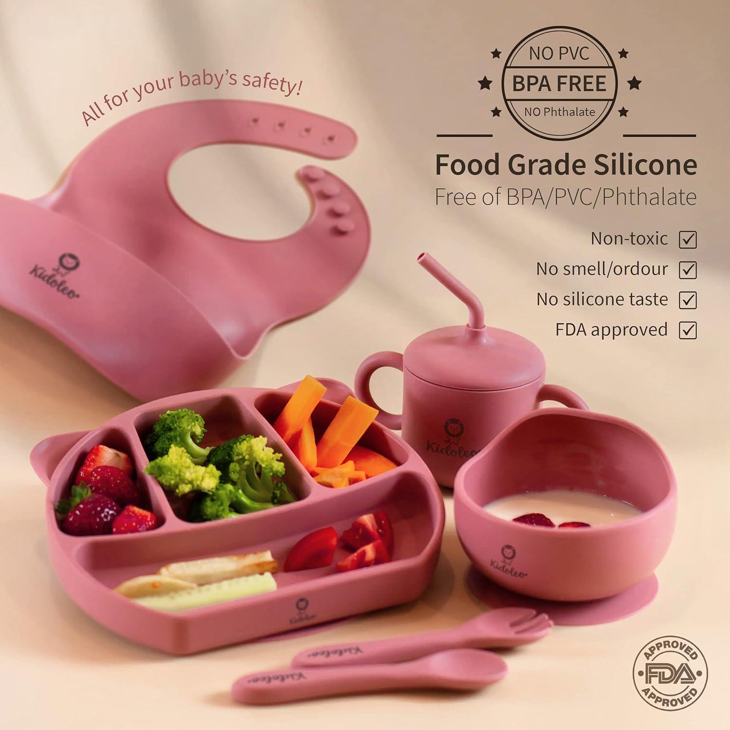 KIDOLEO Silicone Baby Weaning Set - Suction Plate, Bowl, Sippy Cup, Bib ...